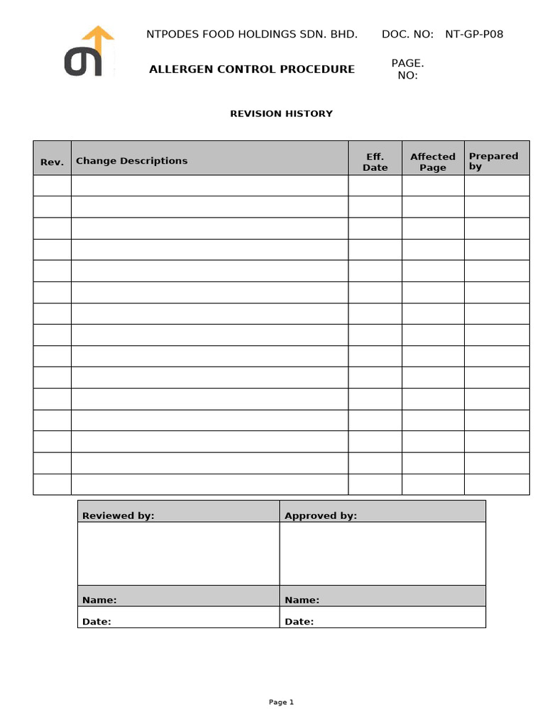 NT-GP-P08 Allergen Control Procedure | PDF