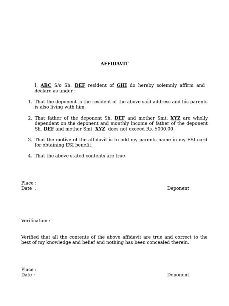 Affidavit for ESI Card Parent Inclusion | PDF