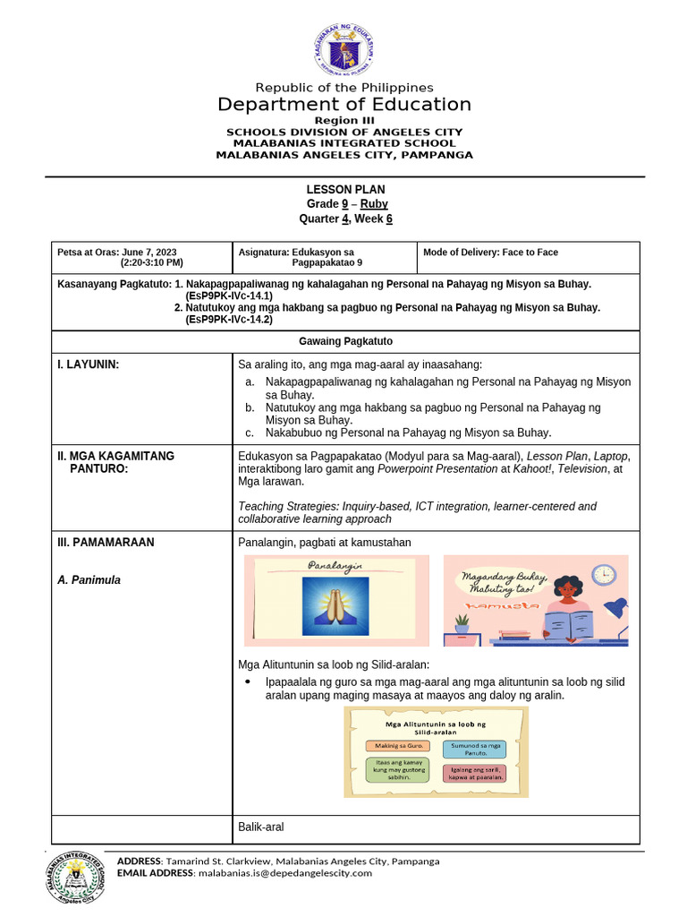 Q4 Week 6 - Personal Na Pahayag NG Misyon Sa Buhay - COT2 LESSON PLAN Final | PDF
