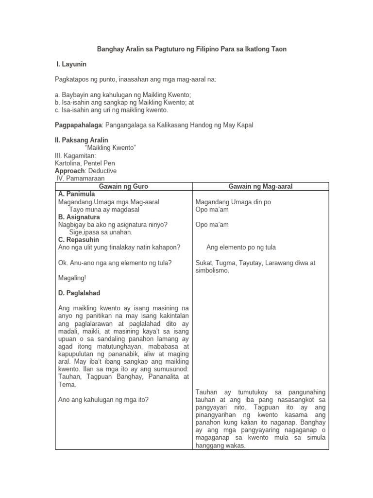 Banghay Aralin sa Pagtuturo ng Filipino Para sa Ikatlong Taon | PDF
