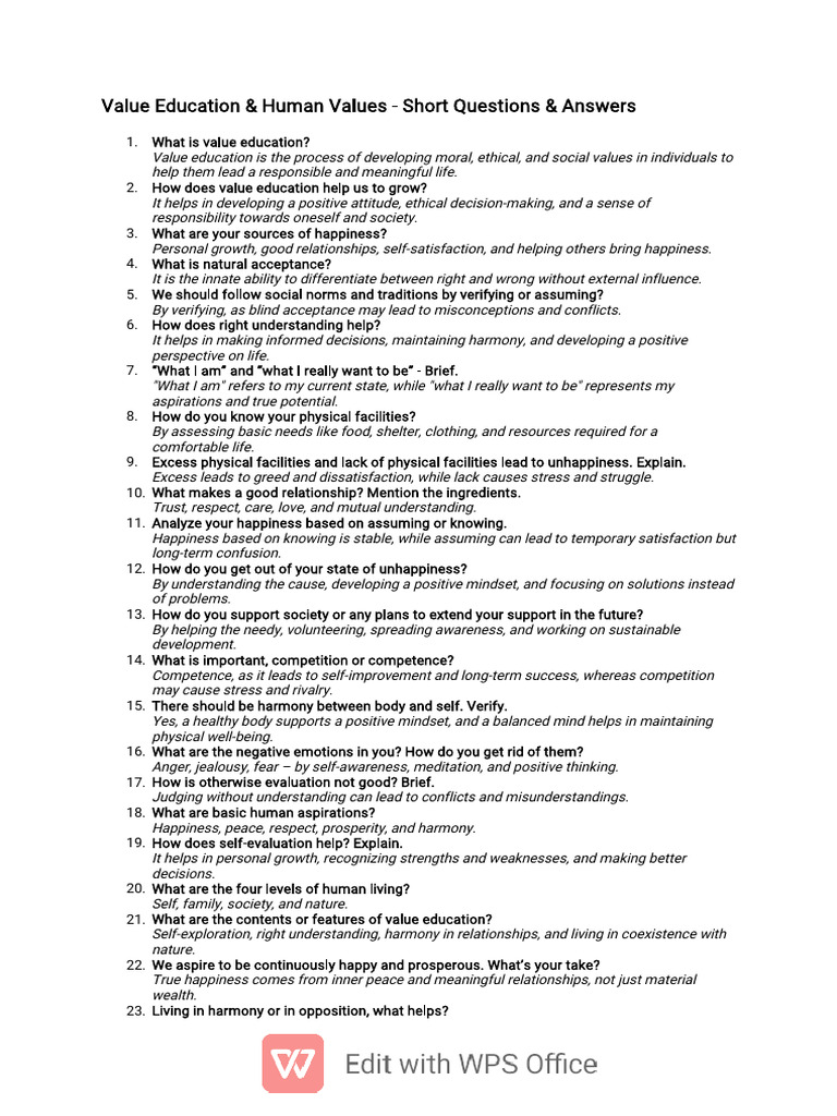 UHV Question Bank With Answers | PDF | Happiness | Contentment