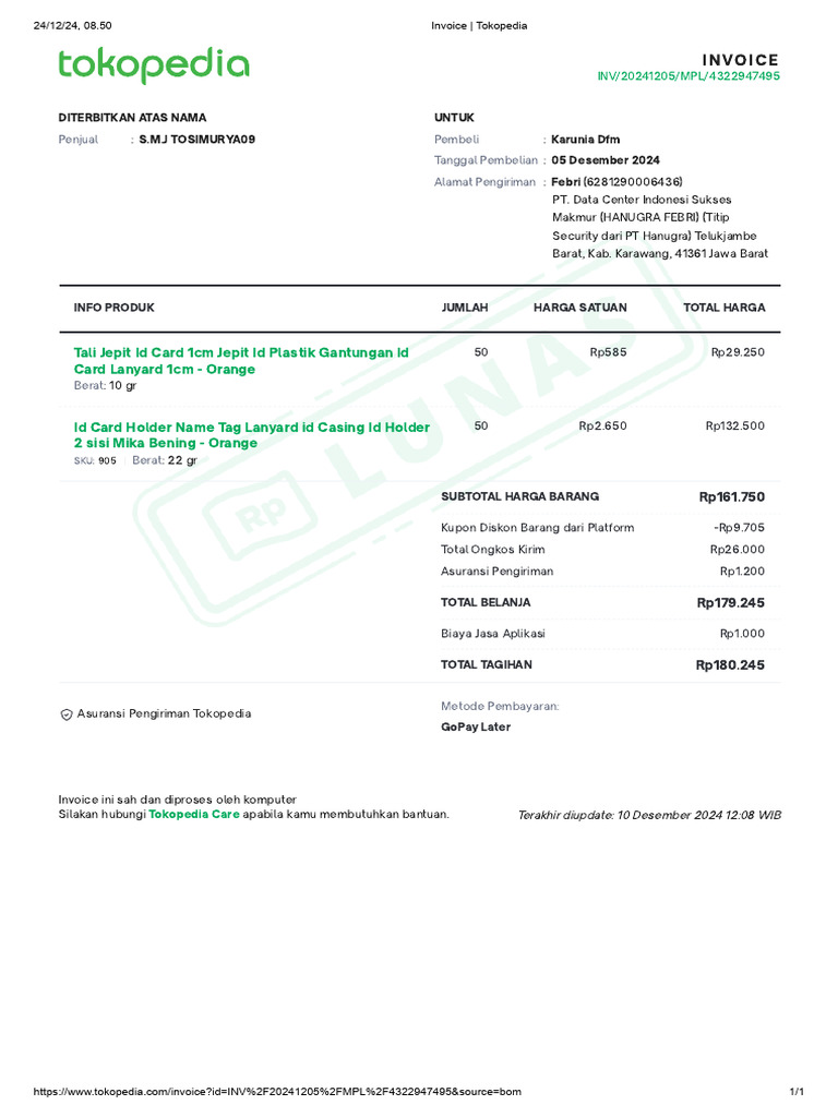 Invoice _ Tokopedia | PDF