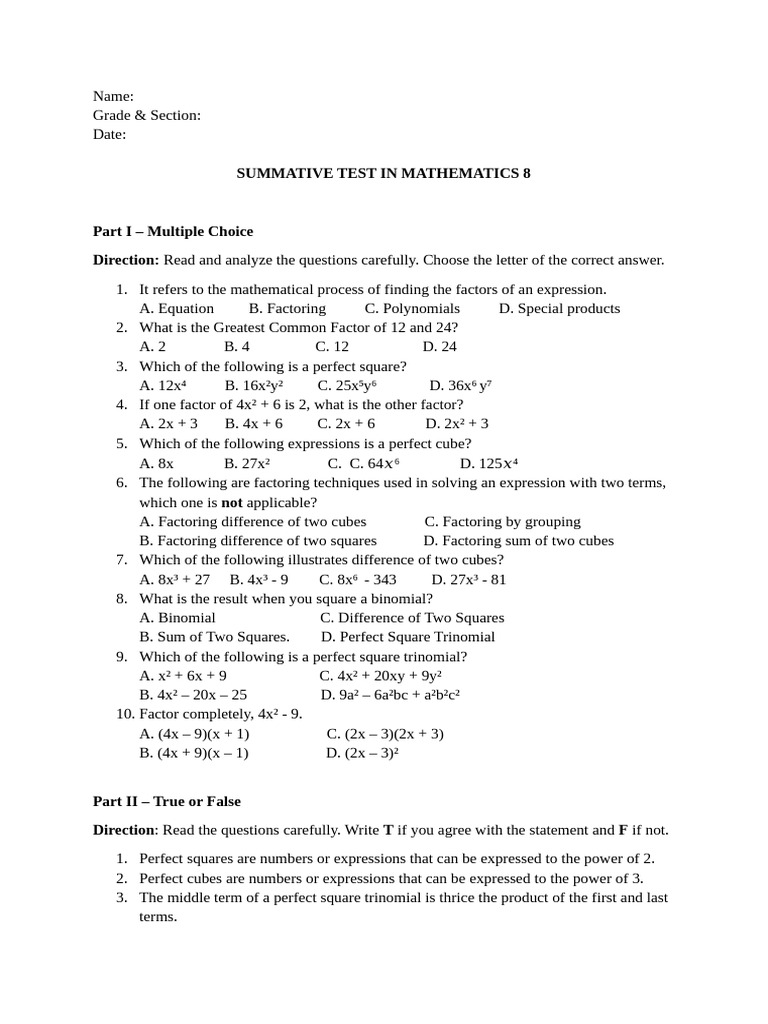 Summative Test in Math 8 | PDF | Factorization | Summation
