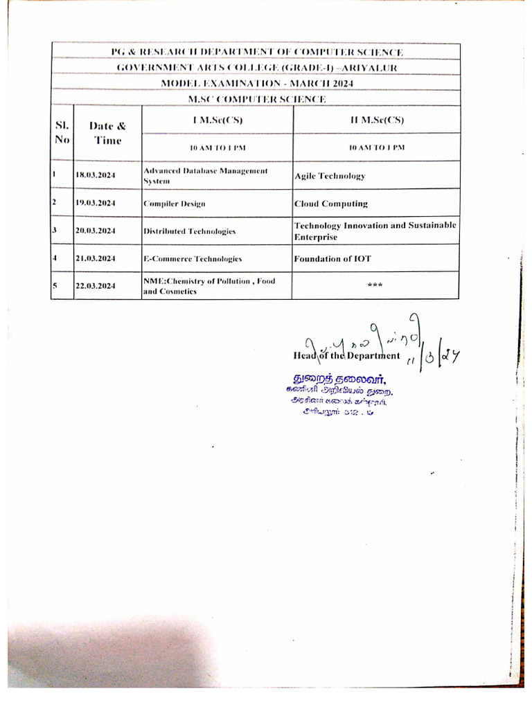 PG Model Exam Time Table | PDF