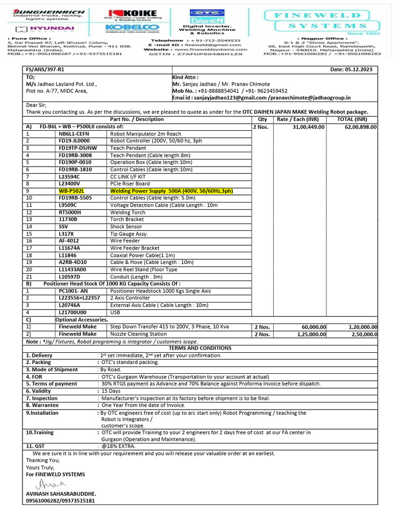 2 Fineweld - Quotation - Rev Robot QTN 05.12.2023 | PDF | Electric Power | Manufactured Goods