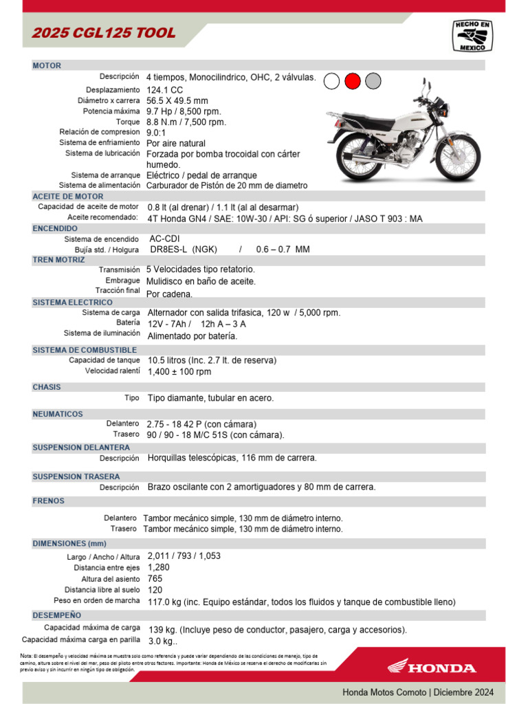 Ficha Técnica Honda CGL 125 2025 | PDF | Motocicleta | Coche