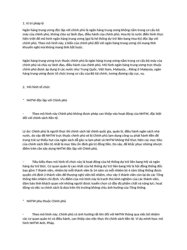 Vị Trí Pháp Lý Và Mô Hình Tổ Chức NHTW | PDF