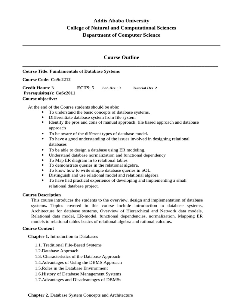 Fundamentals of Database Systems Course Outlinen | PDF | Databases | Relational Database