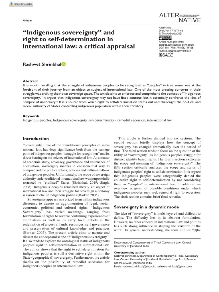 Shrinkhal 2021 Indigenous Sovereignty and Right To Self Determination ...