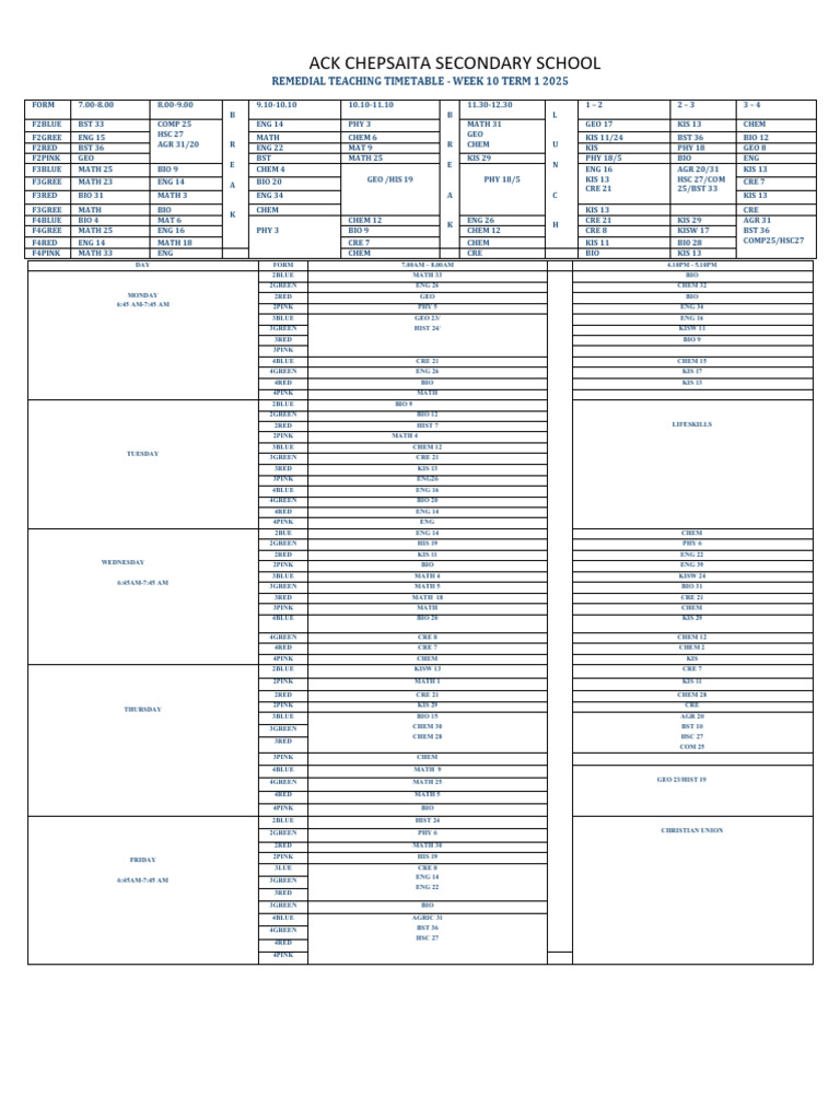 Remedial Timetable Week 10-1 | PDF
