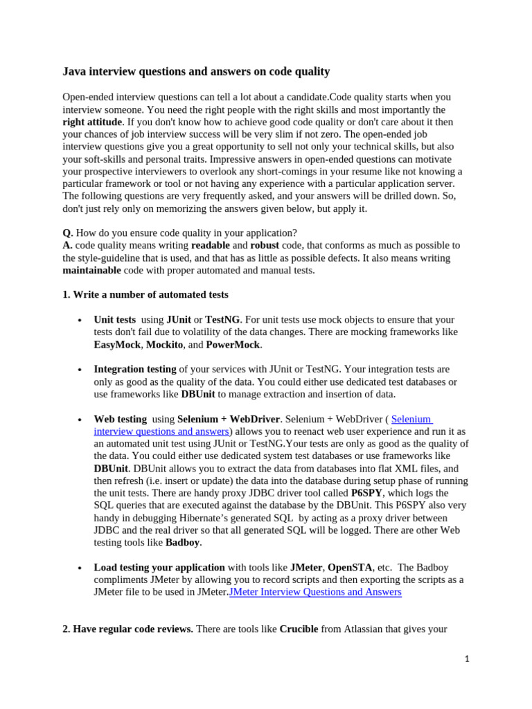 Java Interview Questions and Answers On Code Quality | PDF | Unit ...