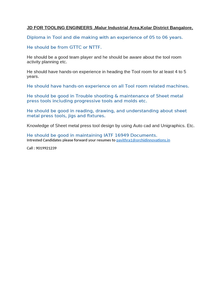 Tooling Engineer Malur. | PDF