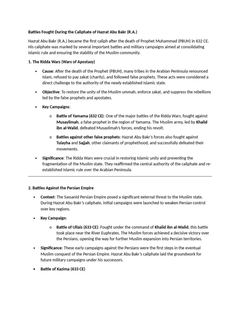 Battles of Hazrat Abu Bakr's Caliphate | PDF | Middle Ages