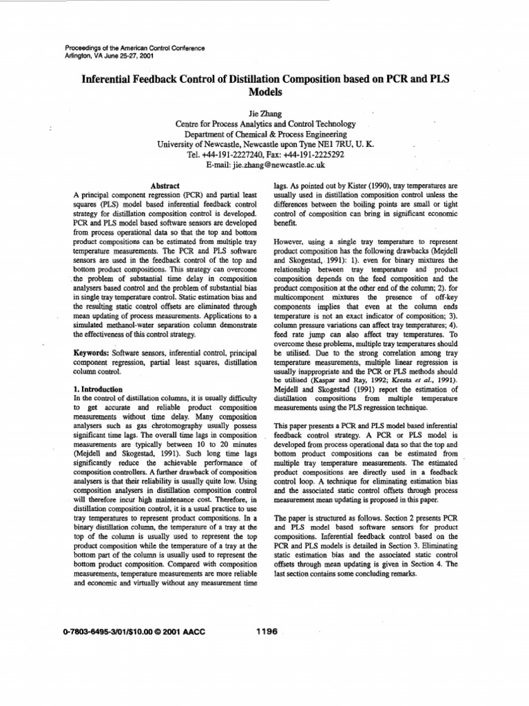 Inferential feedback control of distillation composition based on PCR and PLS models | PDF ...