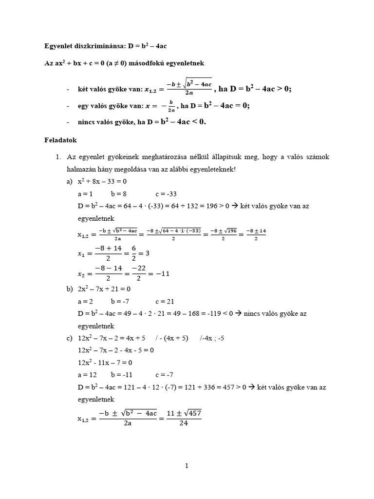 10.Osztály Másodfokú Egyenlet Diszkrimináns | PDF