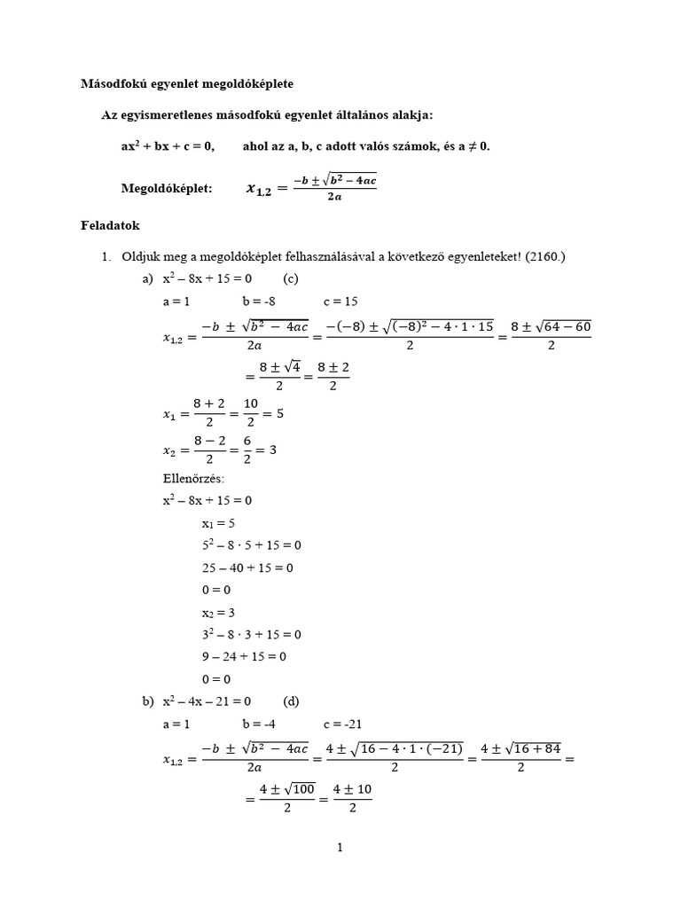Másodfokú egyenletek megoldása | PDF