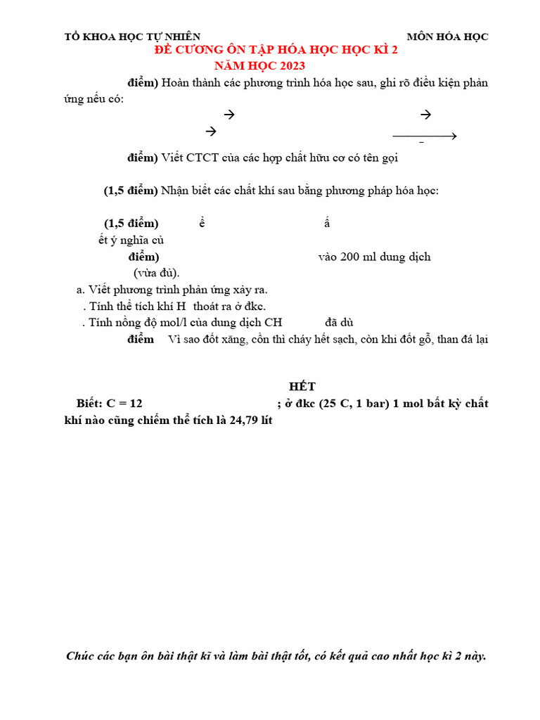 ĐỀ CƯƠNG HÓA HKII 9 (2023-2024) | PDF