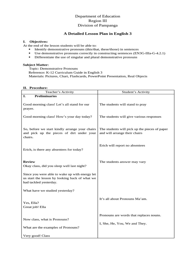 Demonstrative Pronouns Lesson Plan Grade 3 | PDF | Pronoun | Plural