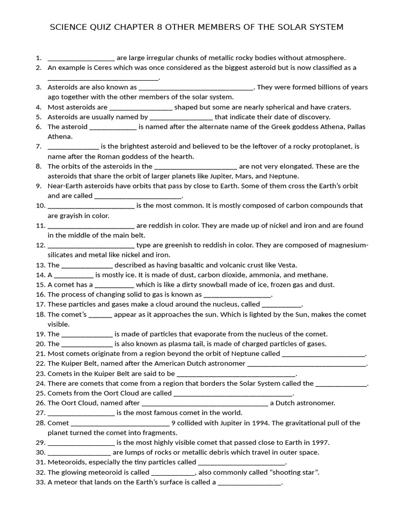 Science Quiz Chapter 8 Other Members of The Solar System | PDF | Comet ...