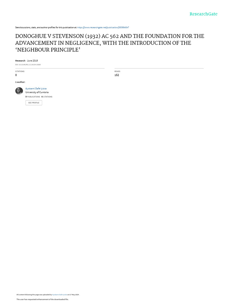 Donoghue V Stevenson 1932 Ac 562 and The | PDF | Duty Of Care | Negligence