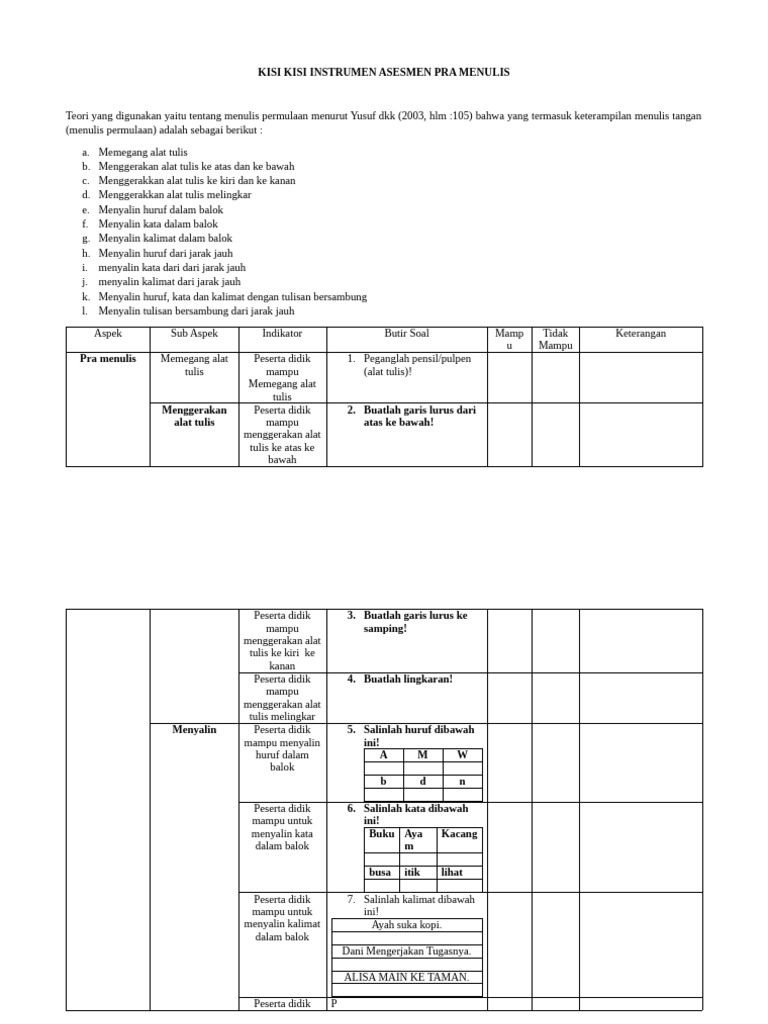 Kisi Kisi Instrumen Asesmen Pra Menulis | PDF