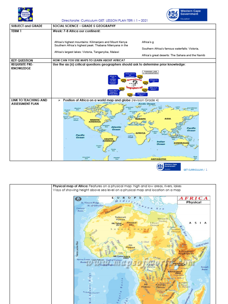 Grade 5 Geography: Africa's Physical Features | PDF | Map | Africa