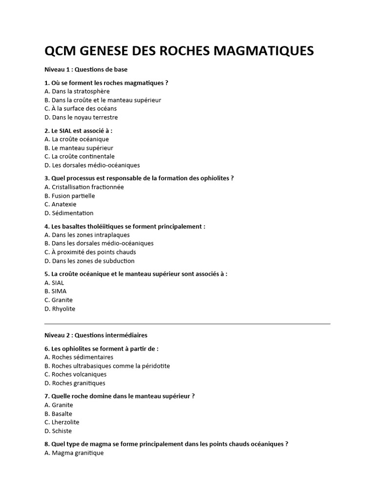 QCM Genese Des Roches Magmatiques | PDF | Granit | Magma