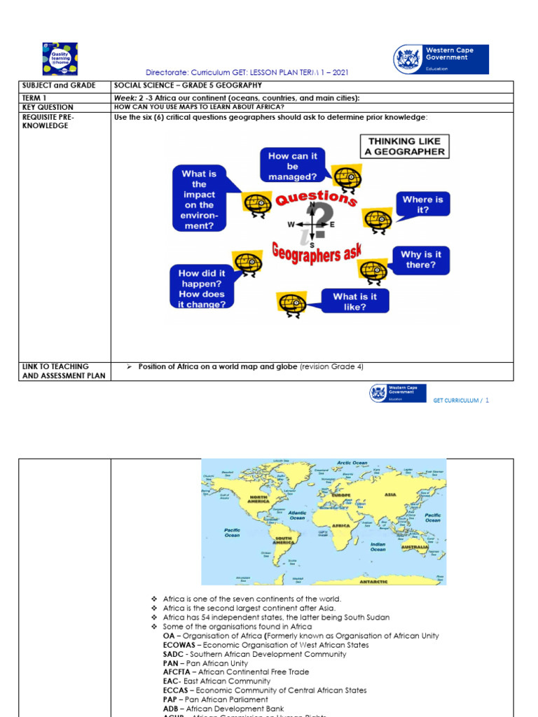 Lesson Plan IP Grade 5 SS Geography T1 W2 | PDF | Knowledge | Learning