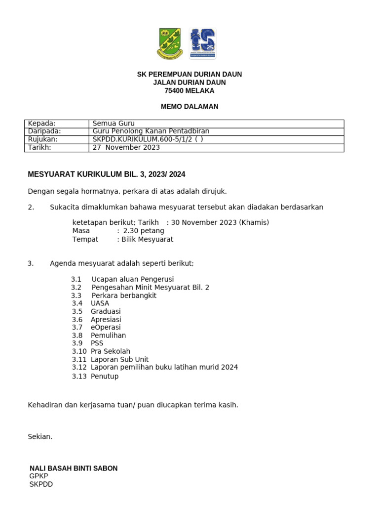 Memo Mesyuarat Kurikulum Dan KP KP 23 | PDF