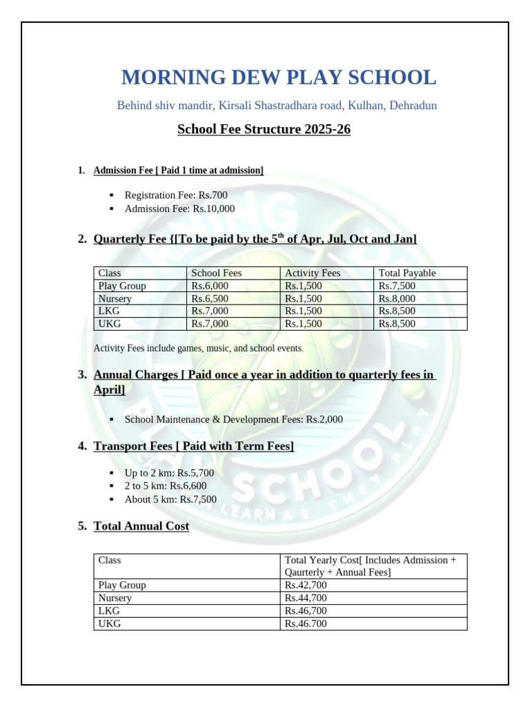 Morning Dew Play School Fee Structure 2025-26 | PDF