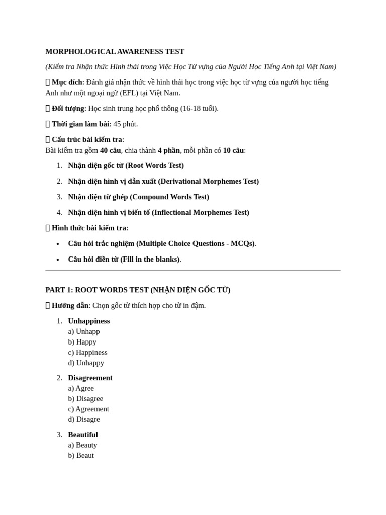 Morphological Awareness Test | PDF