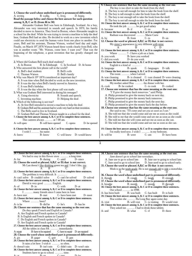 Bai Kiem Tra Anh 9 HK1 Lan 2 Nam Hoc 20162017 | PDF | English Language | Telephone