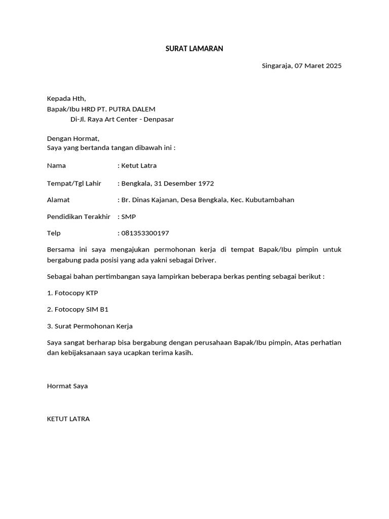 Surat Lamaran Suyoga | PDF