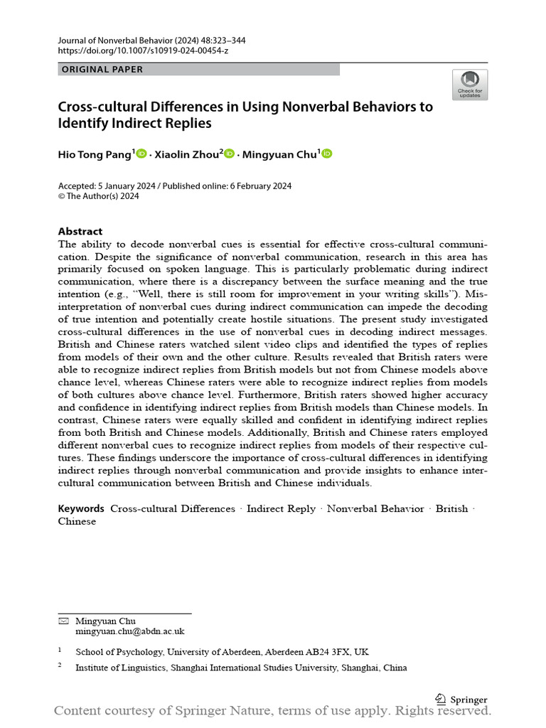 Cross-Cultural Differences in Using Nonverbal Beha | PDF | Nonverbal Communication | Communication