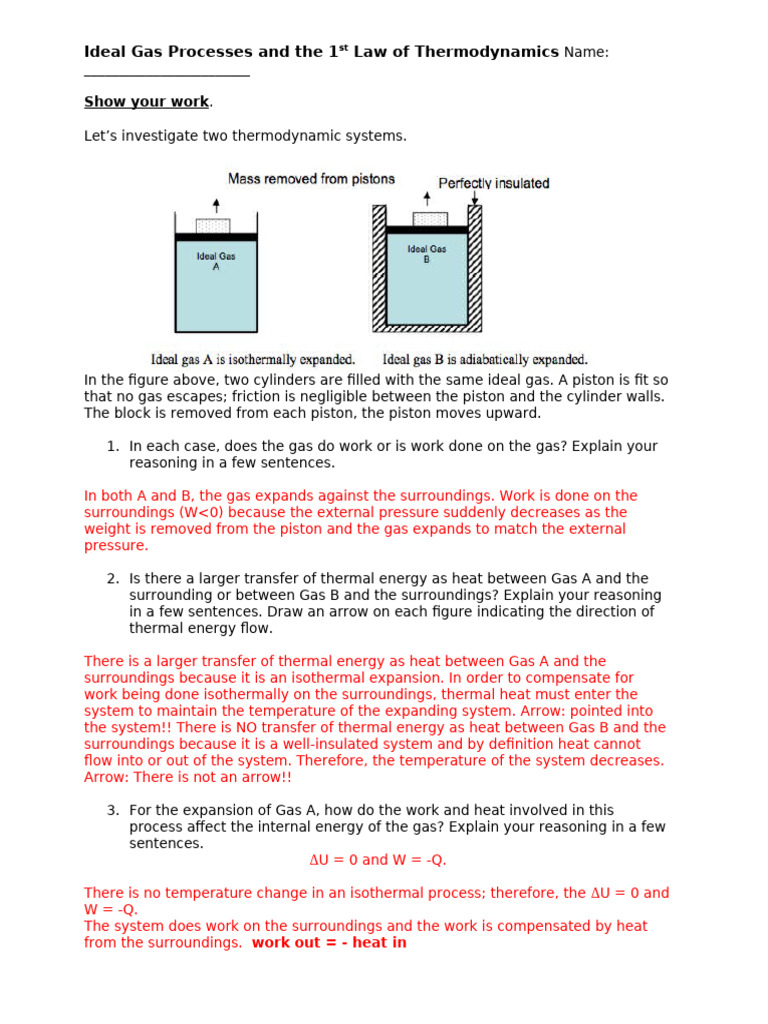 Unit 4 - Worksheet - 4.5 Ideal Gas Processes and The 1st Law of ...