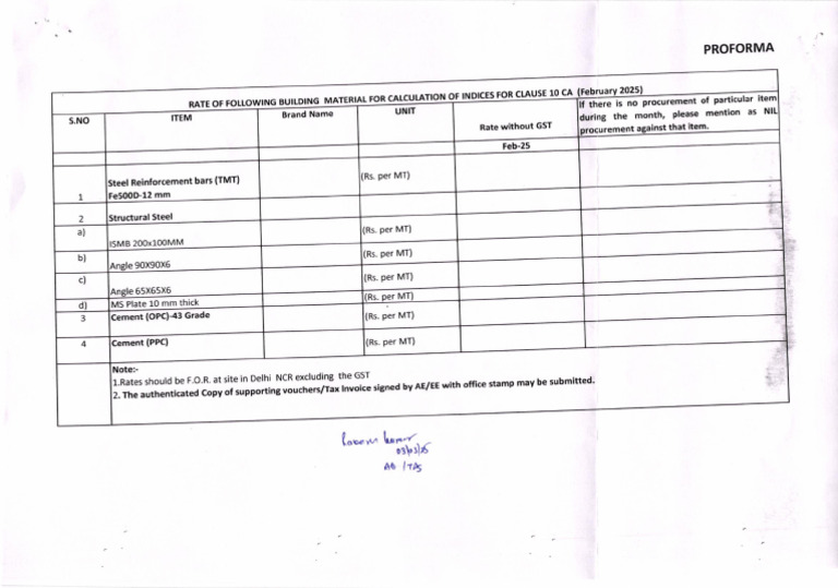 Rate For 10CA Indices | PDF | Building Materials | Structural Engineering