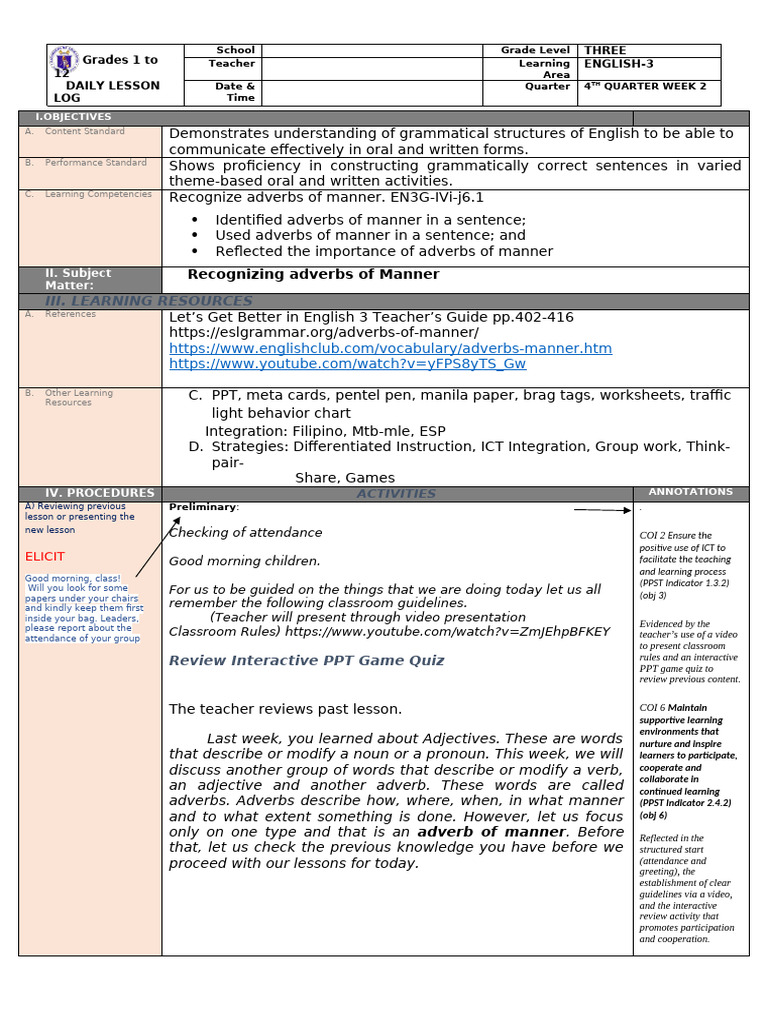 New Cot q4 eNGLISH 3 WEEK 2 ADVERBS | PDF | Learning | Teachers