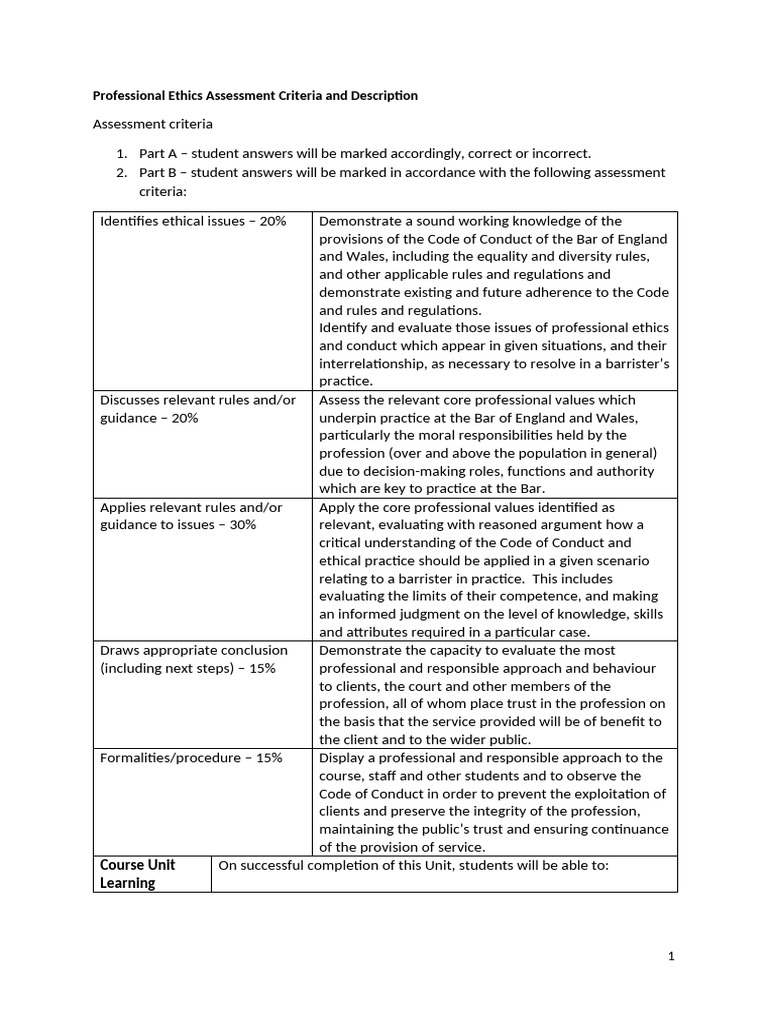 Professional Ethics Assessment Criteria | PDF | Professional Ethics ...