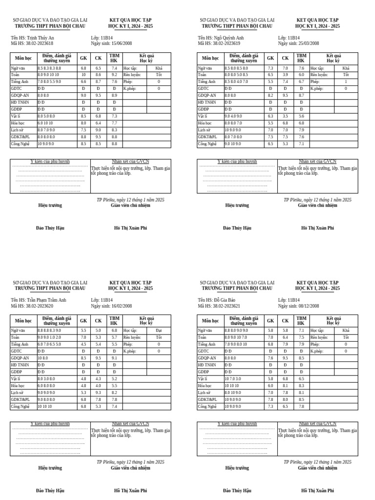 HS THPT PhieuBaoDiem 11B14 HKI | PDF