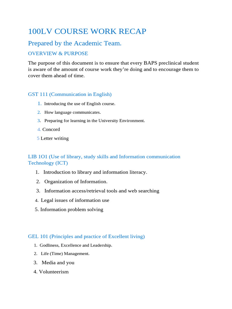 100lvl Course Work Recap | PDF