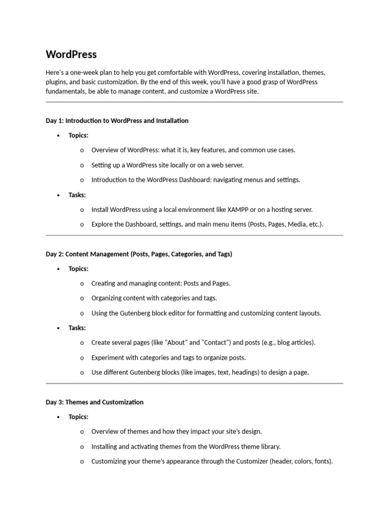 One-Week WordPress Learning Plan | PDF | Word Press | Web Development