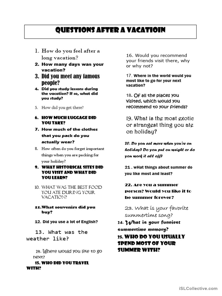 Post-Vacation Conversation Questions | PDF