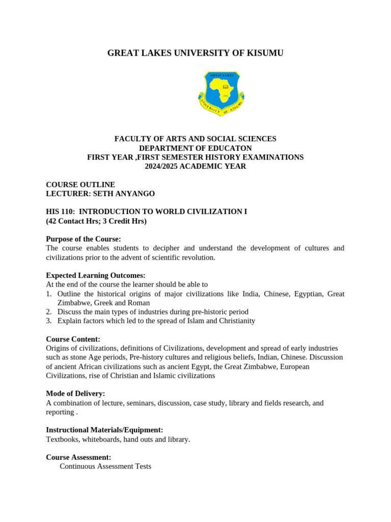 Great Lakes University of Kisumu History Course Outlines | PDF | Horn ...