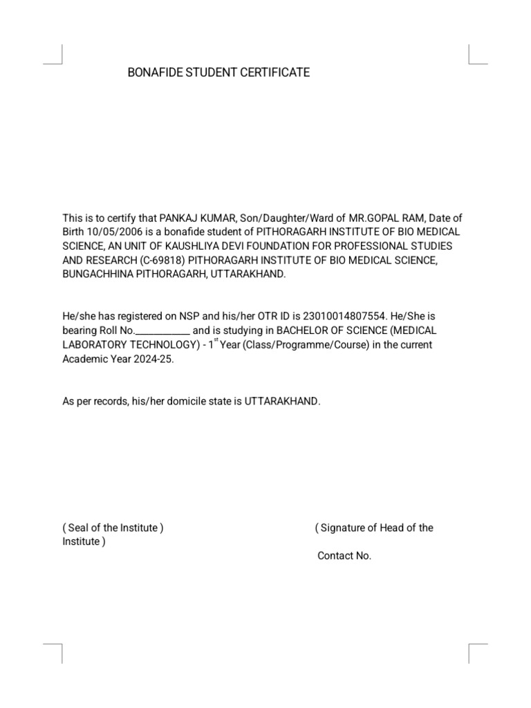 Bonafide Student Certificate | PDF