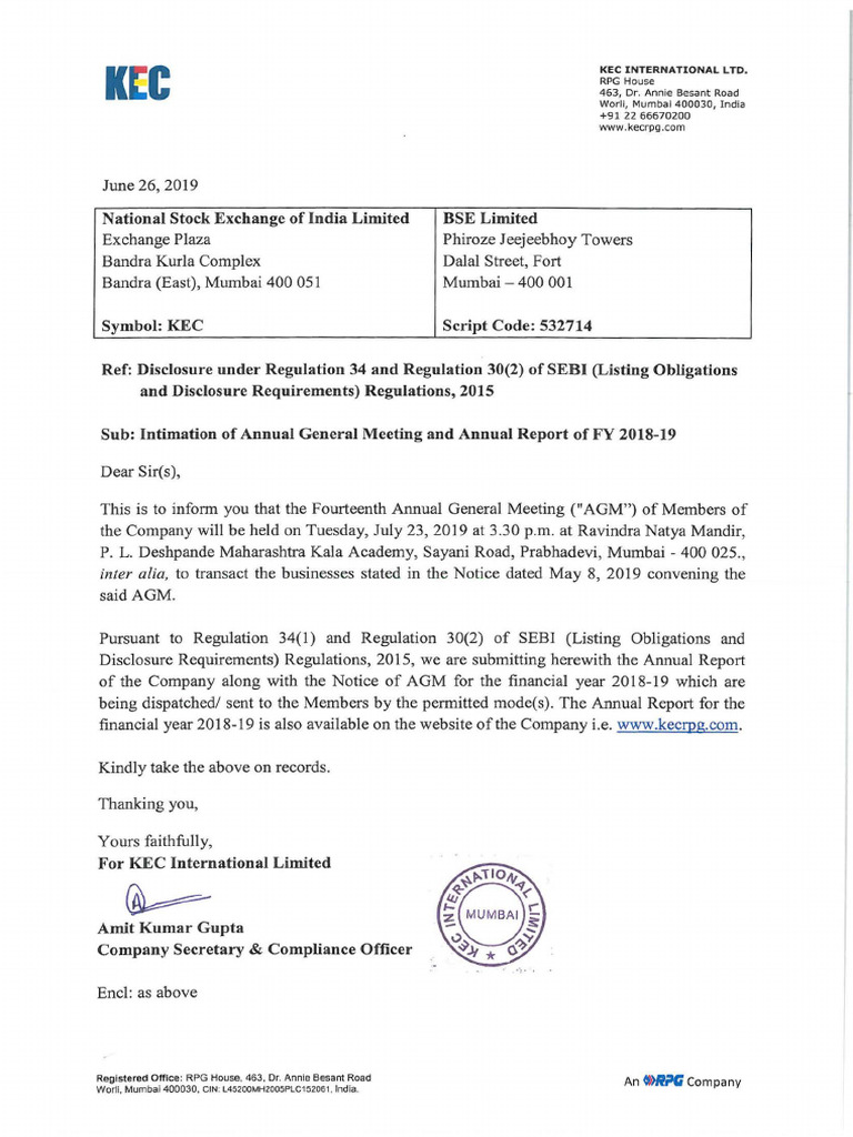 AGM Intimation and Notice of AGM | PDF | Electric Power Transmission