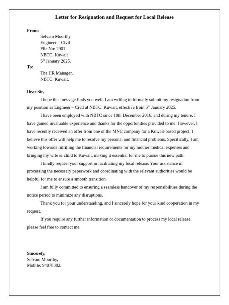 Resignation & Local Release Request Letter - Rev1 | PDF