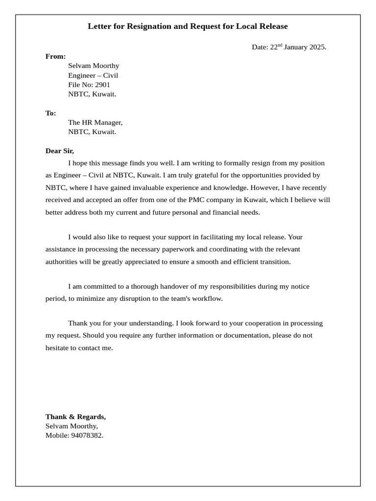 Resignation & Local Release Request Letter - Rev2 | PDF