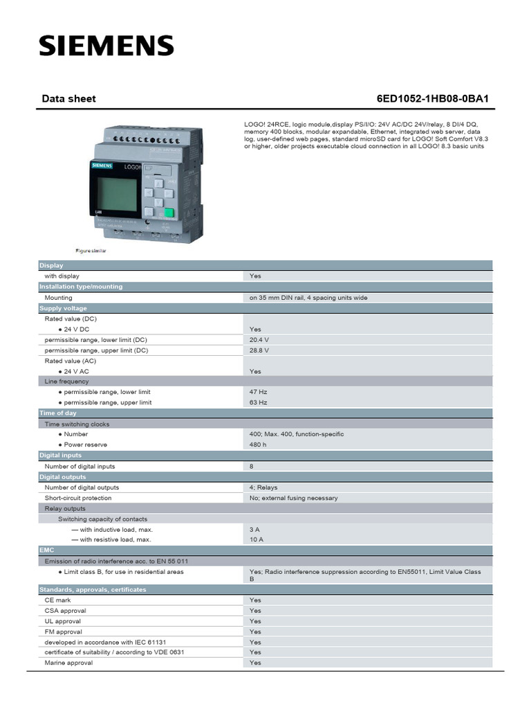 LOGO! 24RCE Datasheet Overview | PDF | Relay | Alternating Current