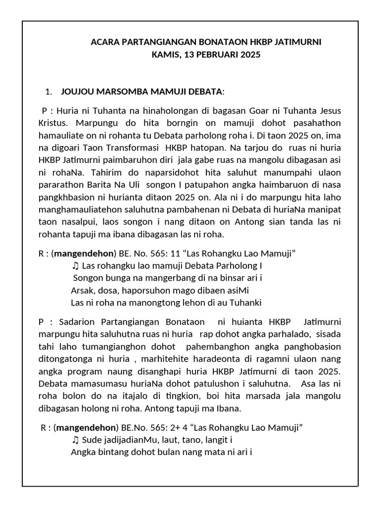 Acara Partangiangan Bonataon HKBP Jatimurni 2025 | PDF