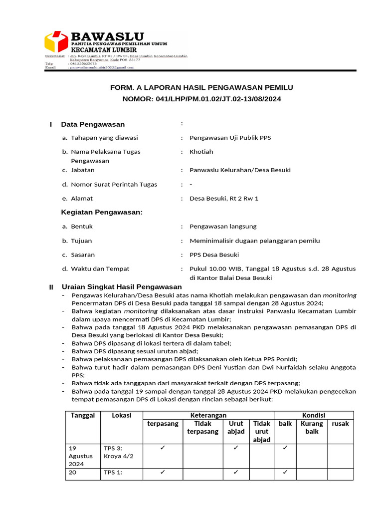 20240828-Form A Pencermatan DPS Desa Besuki, Lumbir | PDF
